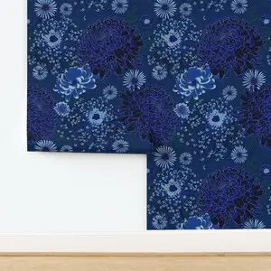 Spoonflower Japanese Chrysanthemums Asian Art Botanical Garden Traditional Wallpaper - Blue