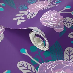 Spoonflower Purple Floral And Turquoise Custom Removable Wallpaper