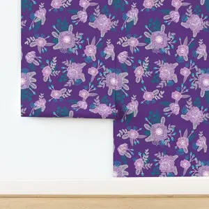 Spoonflower Purple Floral And Turquoise Custom Removable Wallpaper