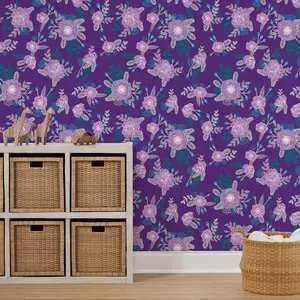 Spoonflower Purple Floral And Turquoise Custom Removable Wallpaper
