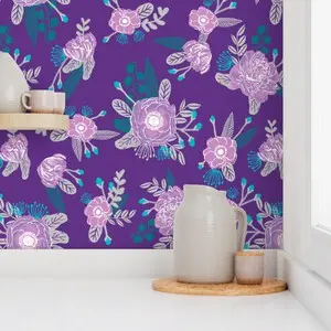 Spoonflower Purple Floral And Turquoise Custom Removable Wallpaper