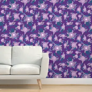 Spoonflower Purple Floral And Turquoise Custom Removable Wallpaper
