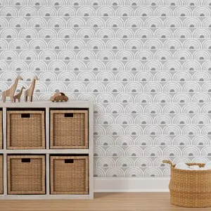 Spoonflower Vintage Retro Grey Geometric Dots Art Custom Pre-pasted Wallpaper