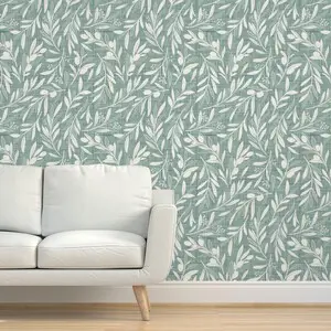 Spoonflower Peaceful Olive Branches Large Jumbo Scale Duck Egg 100% Natural Sisal Grasscloth Wallcovering