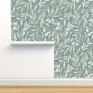 Spoonflower Peaceful Olive Branches Large Jumbo Scale Duck Egg 100% Natural Sisal Grasscloth Wallcovering