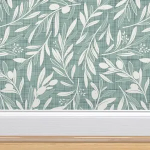 Spoonflower Peaceful Olive Branches Large Jumbo Scale Duck Egg 100% Natural Sisal Grasscloth Wallcovering