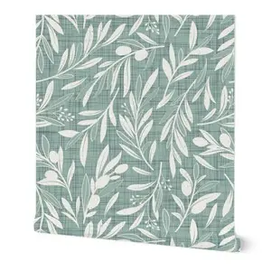 Spoonflower Peaceful Olive Branches Large Jumbo Scale Duck Egg 100% Natural Sisal Grasscloth Wallcovering