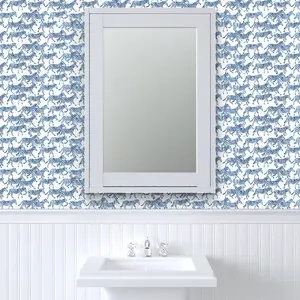 Spoonflower Scale Blue Trendy Zebra Stripes Little Arrow Custom Pre-pasted Wallpaper - Blue,white,gray