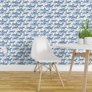 Spoonflower Scale Blue Trendy Zebra Stripes Little Arrow Custom Pre-pasted Wallpaper - Blue,white,gray