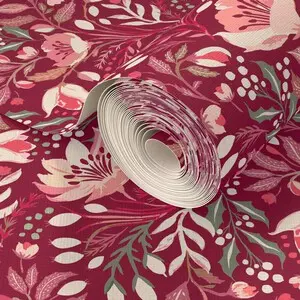 Spoonflower Christmas Rose Cherry Small 100% Natural Sisal Grasscloth Wallcovering
