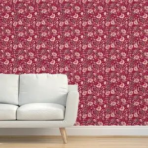 Spoonflower Christmas Rose Cherry Small 100% Natural Sisal Grasscloth Wallcovering