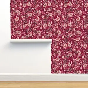 Spoonflower Christmas Rose Cherry Small 100% Natural Sisal Grasscloth Wallcovering