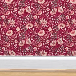 Spoonflower Christmas Rose Cherry Small 100% Natural Sisal Grasscloth Wallcovering