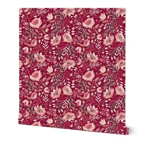 Spoonflower Christmas Rose Cherry Small 100% Natural Sisal Grasscloth Wallcovering
