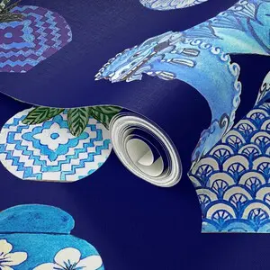 Spoonflower Chinoiserie Botanical Palm Leaves Ginger Jar Foo Custom Removable Wallpaper Blue