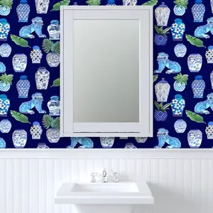 Spoonflower Chinoiserie Botanical Palm Leaves Ginger Jar Foo Custom Removable Wallpaper - Blue