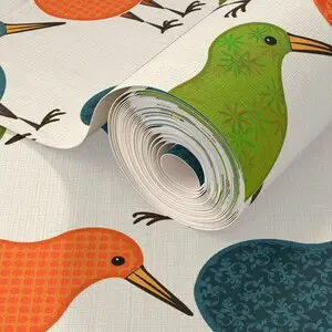 Spoonflower Ki Kiryekee Kiwi Birds Large Scale 100% Natural Sisal Grasscloth Wallcovering Green,blue,orange