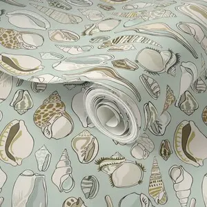Spoonflower White Aqua Sea Ocean Pastel Shells Coastal Traditional Wallpaper - Sage,green,gray