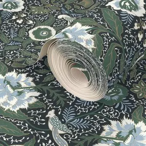 Spoonflower Kalami Paradise Boho Floral And Birds Gunmetal 100% Natural Sisal Grasscloth Wallcovering - Blue