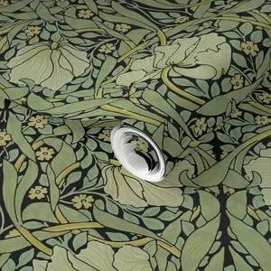 Spoonflower Leaves Floral Antique Victorian Damask Edwardian Custom Pre-pasted Wallpaper - Green,black,sage