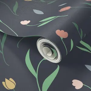 Spoonflower Leaves Flowers Flora Navy Blue Spring Traditional Wallpaper - Blue,gray,beige