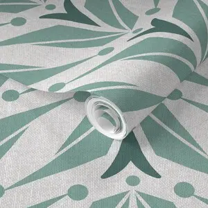 Spoonflower Vintage Green Flowers Retro Geometric Abstract Custom Pre-pasted Wallpaper - Green,white,mint