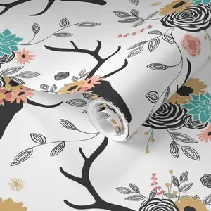 Spoonflower Floral Deer White Antlers Flowers Nature Black Traditional Wallpaper - White,blue,gray