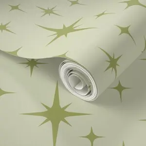 Spoonflower Vintage Green Star Retro 1950s Space Custom Pre-pasted Wallpaper - Green,sage