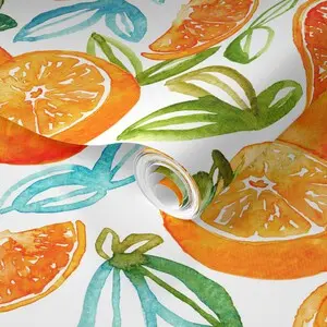 Spoonflower Bright Teal Orange Citrus Summer Oranges Custom Pre-pasted Wallpaper - Mint,green,brown