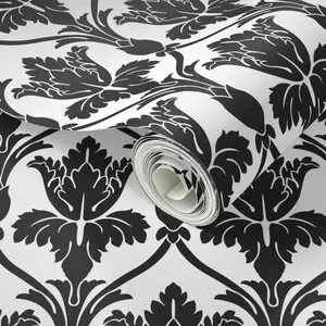 Spoonflower Damask Black And White Custom Pre-pasted Wallpaper - Black,white,gray