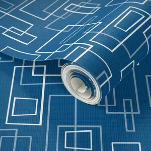 Spoonflower Geometric 60s Texture Atomic Mid Century Custom Pre-pasted Wallpaper - Blue