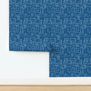 Spoonflower Geometric 60s Texture Atomic Mid Century Custom Pre-pasted Wallpaper - Blue