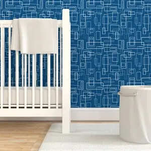 Spoonflower Geometric 60s Texture Atomic Mid Century Custom Pre-pasted Wallpaper - Blue