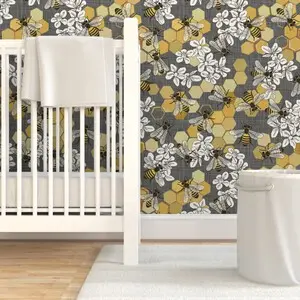 Spoonflower White Floral Nature Modern Yellow Insects Honey Custom Pre-pasted Wallpaper