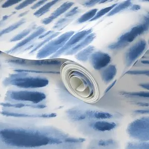 Spoonflower Modern Dots Stripes Watercolor Shibori Dye Custom Pre-pasted Wallpaper - Blue