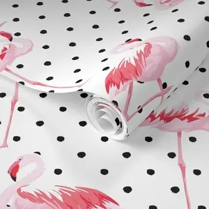Spoonflower Pink Flamingos Black Polka Dots Bird Animal Summer Custom Pre-pasted Wallpaper - Pink,black,gray