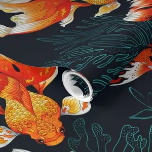 Spoonflower Nature Japanese Animal Fish Animals Custom Pre-pasted Wallpaper - Orange,blue,black