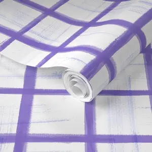 Spoonflower Plaid Purple Gingham Lavender Checkered Iris Custom Pre-pasted Wallpaper - Purple,white,gray