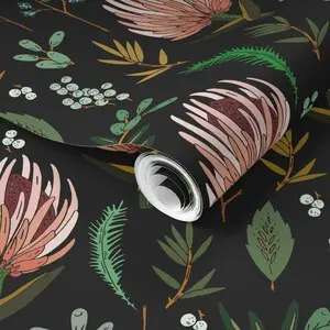 Spoonflower Floral Study Dark Protea Flower Botanical Custom Pre-pasted Wallpaper Green,pink,brown