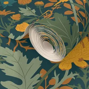 Spoonflower Large Enchanted Chrysanthemum Garden With Dark 100% Natural Sisal Grasscloth Wallcovering - Teal,blue