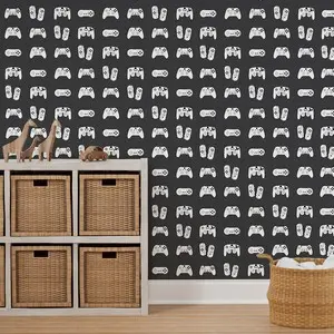 Spoonflower White Game Controllers On Black Custom Pre-pasted Wallpaper