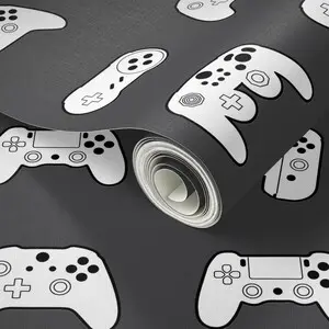 Spoonflower White Game Controllers On Black Custom Pre-pasted Wallpaper - Gray