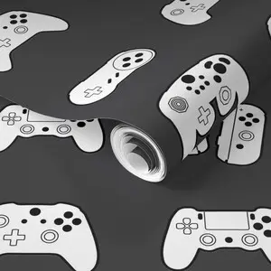 Spoonflower White Game Controllers On Black Custom Pre-pasted Wallpaper - Gray