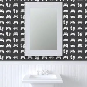 Spoonflower White Game Controllers On Black Custom Pre-pasted Wallpaper