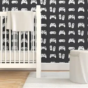 Spoonflower White Game Controllers On Black Custom Pre-pasted Wallpaper