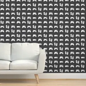 Spoonflower White Game Controllers On Black Custom Pre-pasted Wallpaper