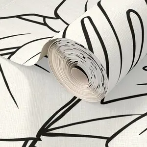 Spoonflower Monstera Black White Plants Leaf Illustration 100% Natural Sisal Grasscloth Wallcovering - Black,white