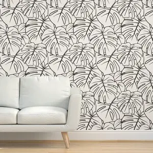 Spoonflower Monstera Black White Plants Leaf Illustration 100% Natural Sisal Grasscloth Wallcovering - Black,white