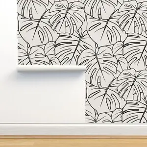 Spoonflower Monstera Black White Plants Leaf Illustration 100% Natural Sisal Grasscloth Wallcovering - Black,white