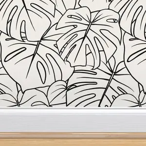 Spoonflower Monstera Black White Plants Leaf Illustration 100% Natural Sisal Grasscloth Wallcovering - Black,white